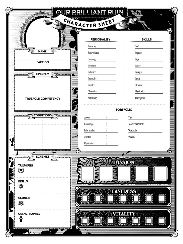 Our Brilliant Ruin - Fillable Character Sheet | PDF
