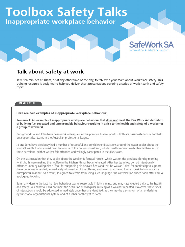 Toolbox Safety Talks Inappropriate Workplace Behaviour | PDF