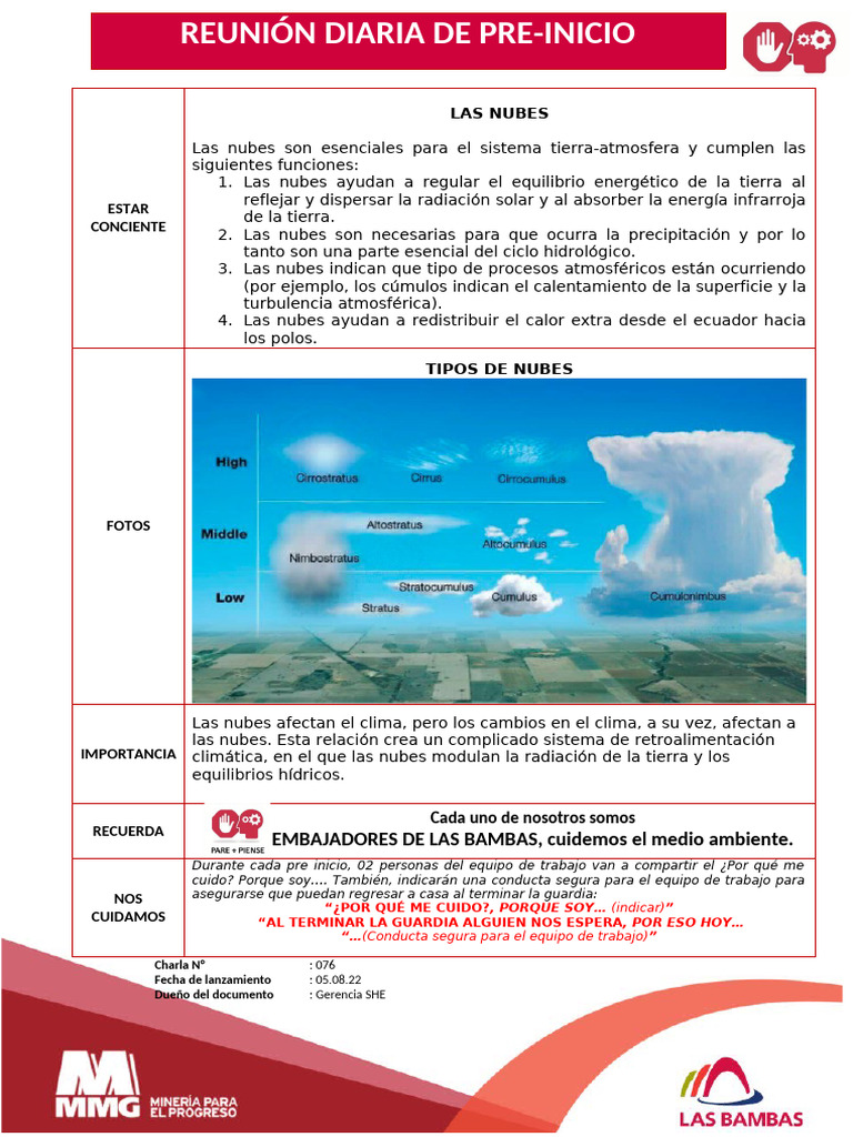 Charla Diaria de Pre Inicio N°076, Las Nubes | PDF