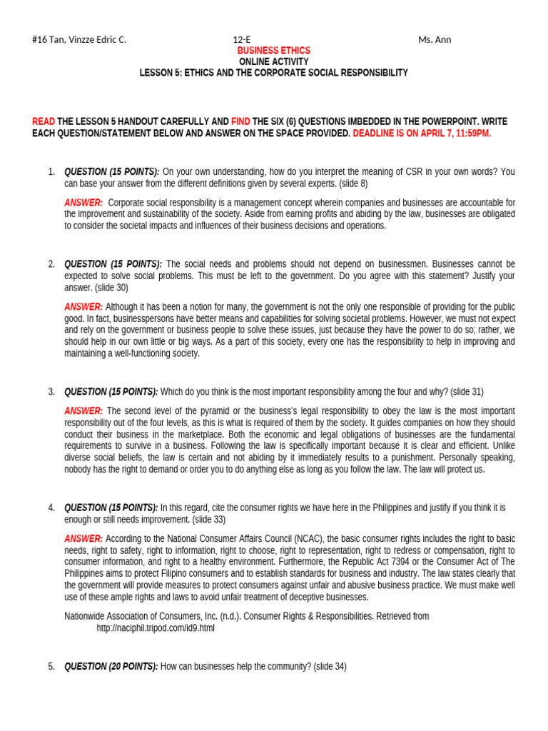 Business Ethics - Lesson 5 (Online Activity) | PDF