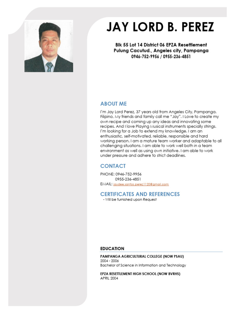 Jay Lord B. Perez: About Me | PDF