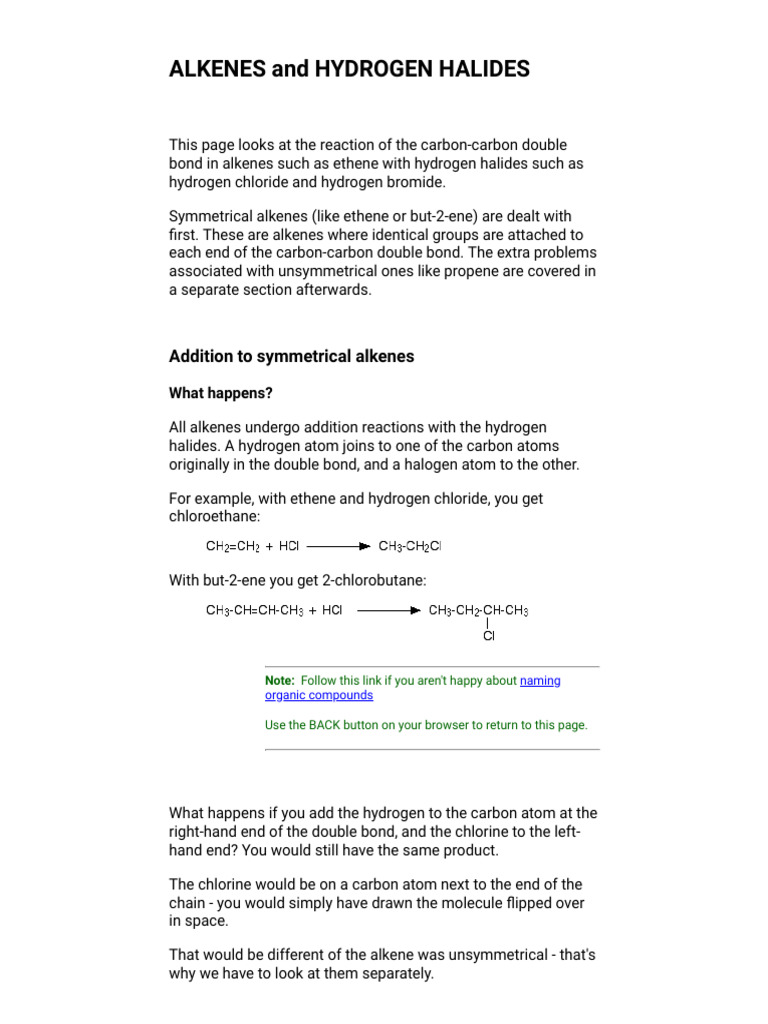 Alkenes and Hydrogen Halides | PDF