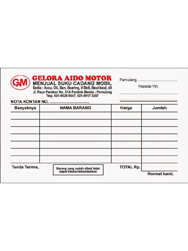 Contoh Nota Bengkel Mobil 5 | PDF