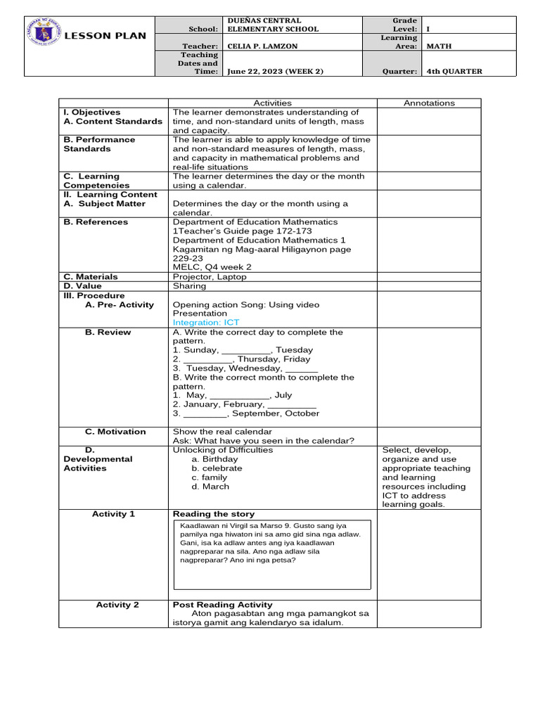 Lesson Plan in Mathematics | PDF