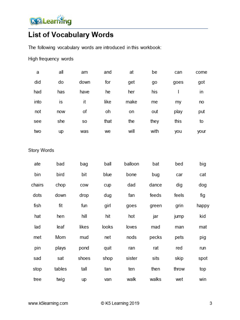 k5 Learning Reader Level A C K Vocabulary | PDF