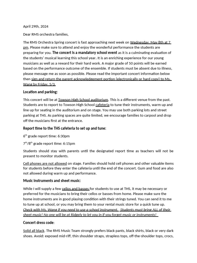 2024 Spring Orchestra Concert Information and Signature Letter | PDF