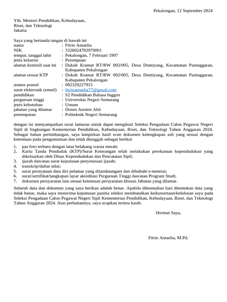 Surat Lamaran 2024 | PDF