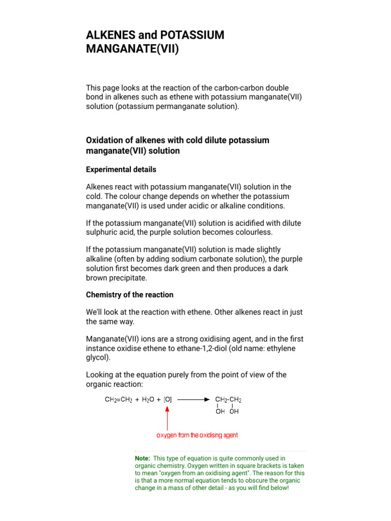 Alkenes and Potassium Manganate (VII) (Permanganate) | PDF