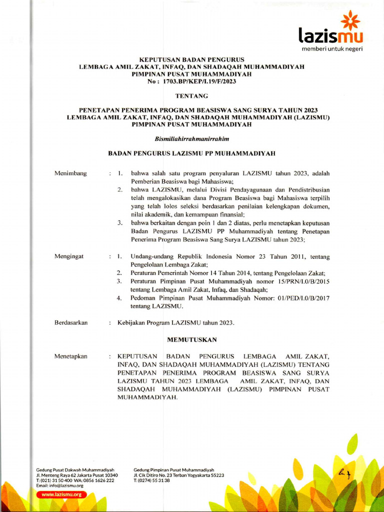 1703.BP Kep I.19 F 2023 - Penetapan Penerima Program Beasiswa Sang Surya Lazismu 2023 | PDF