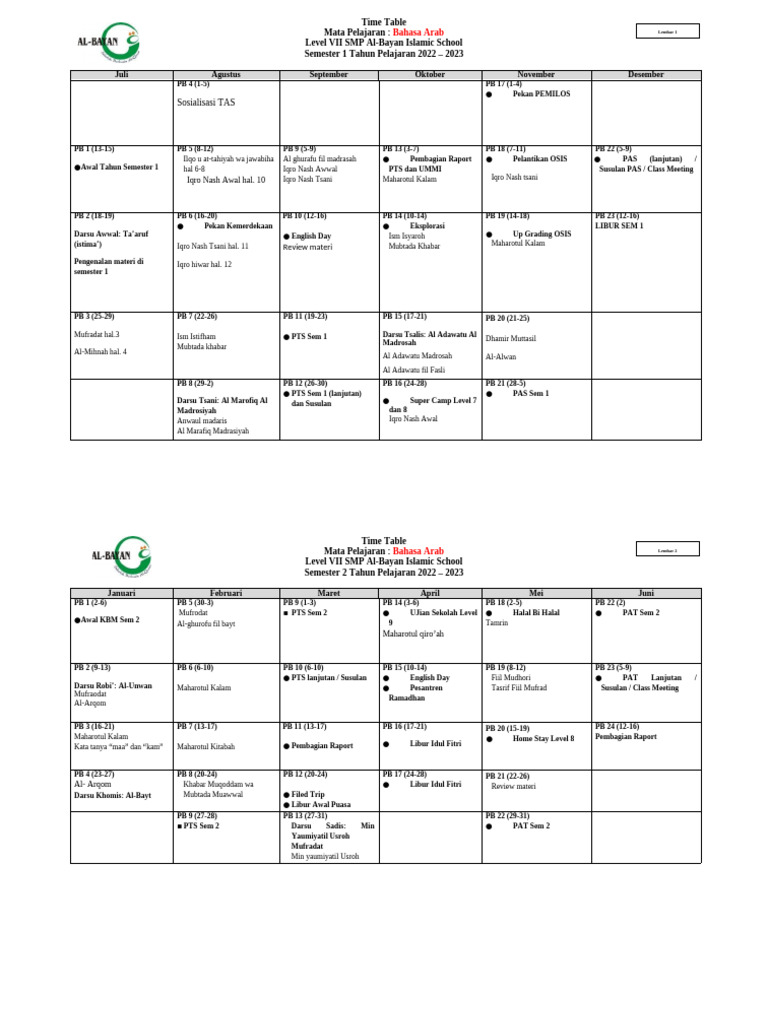 Time Table Level 7 2022-2023 | PDF