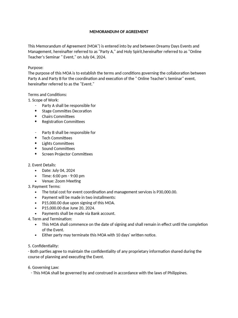 Memorandum Agreement in Business Portfolio | PDF