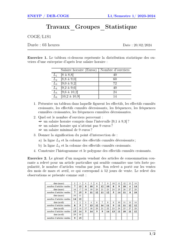 Devoir Groupes Stat COGE L1S1 2024 | PDF