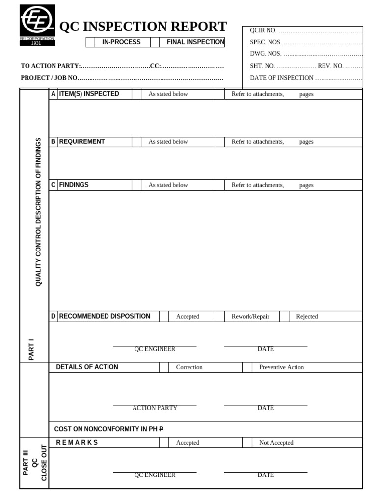 QC Form 001 Rev. 1 - In-process | PDF