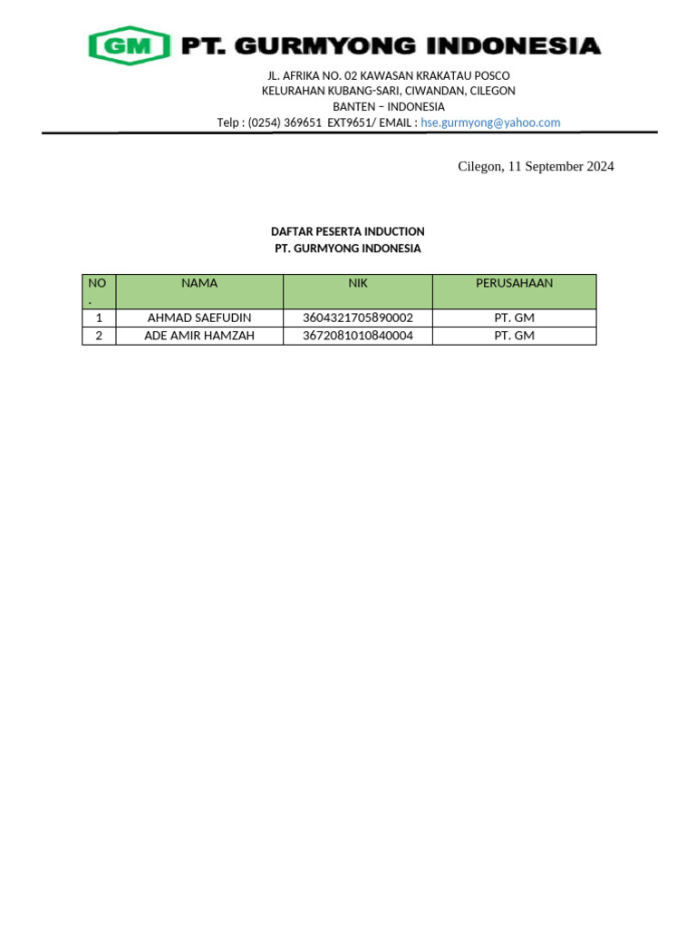 Daftar Perserta Induction Pt. GM | PDF