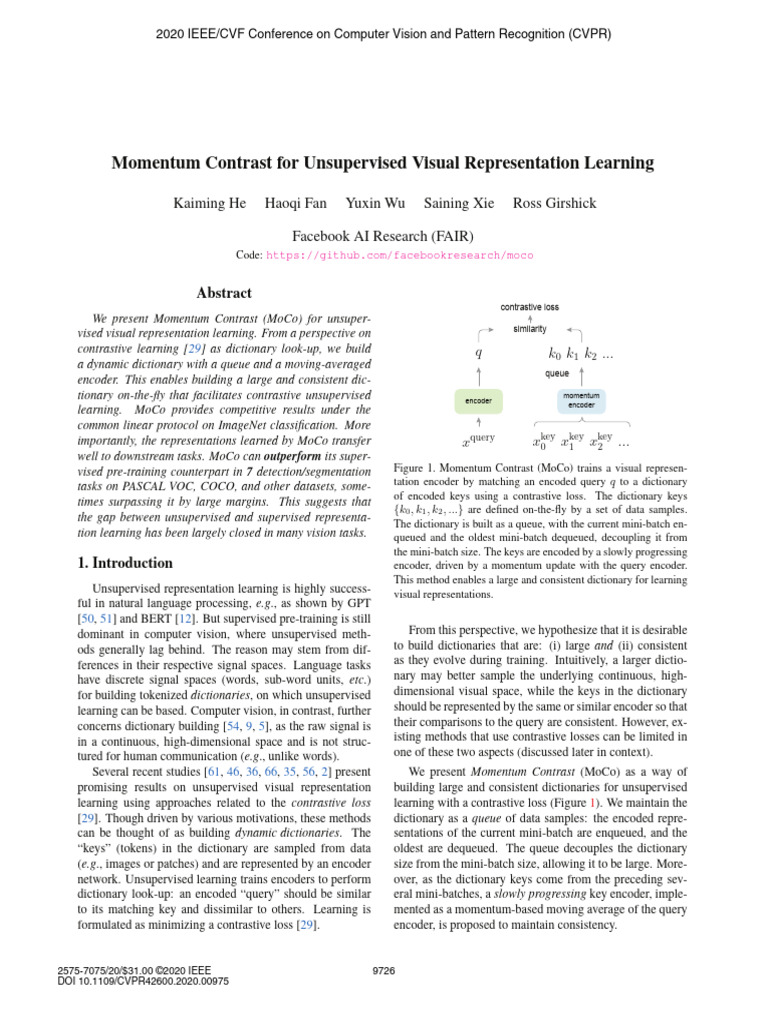 Momentum Contrast For Unsupervised Visual Representation Learning | PDF