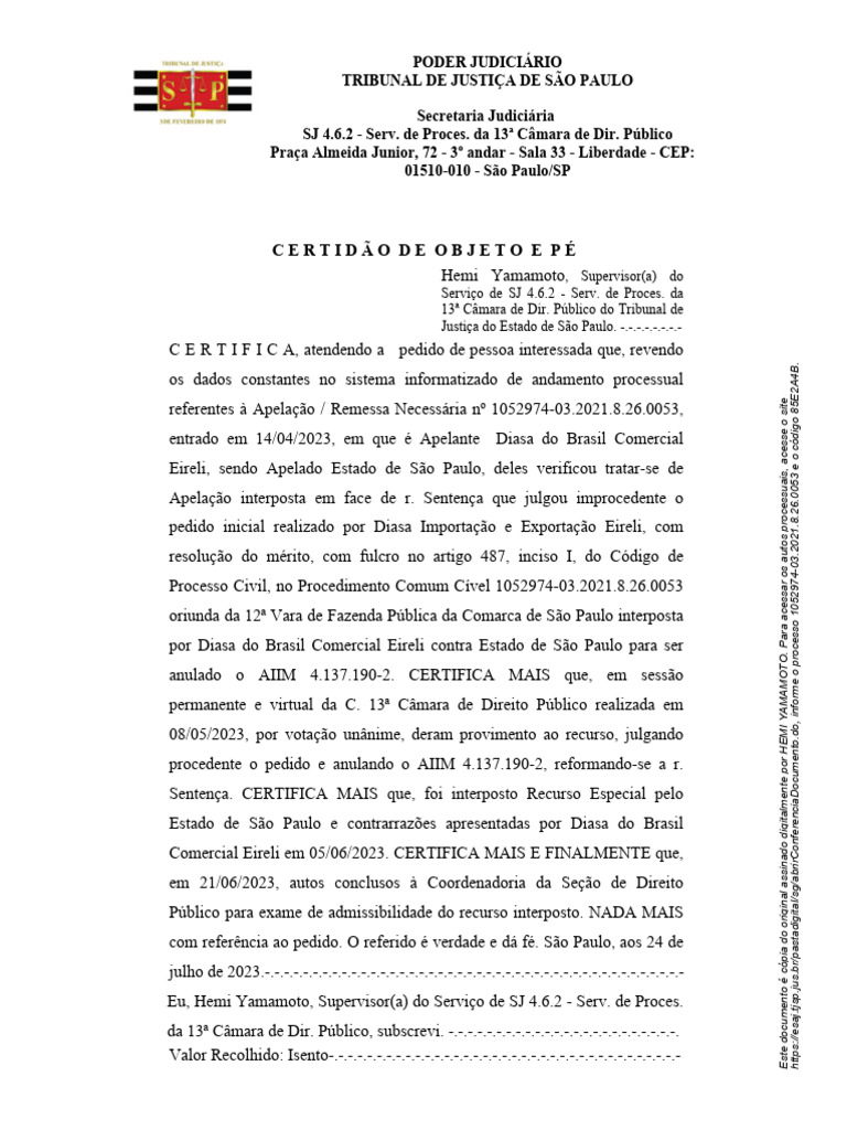 Certidão de Objeto e Pé Sistema 1052974-03.2021.8.26.0053 | PDF