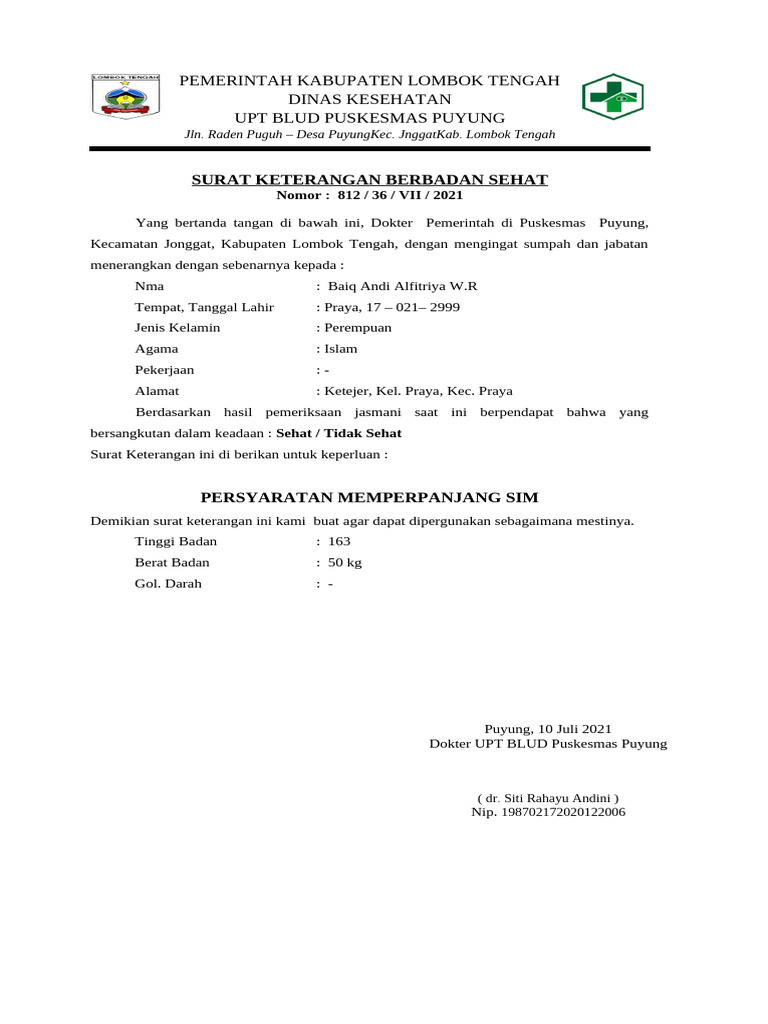 Surat Keterangan Sehat 1 | PDF
