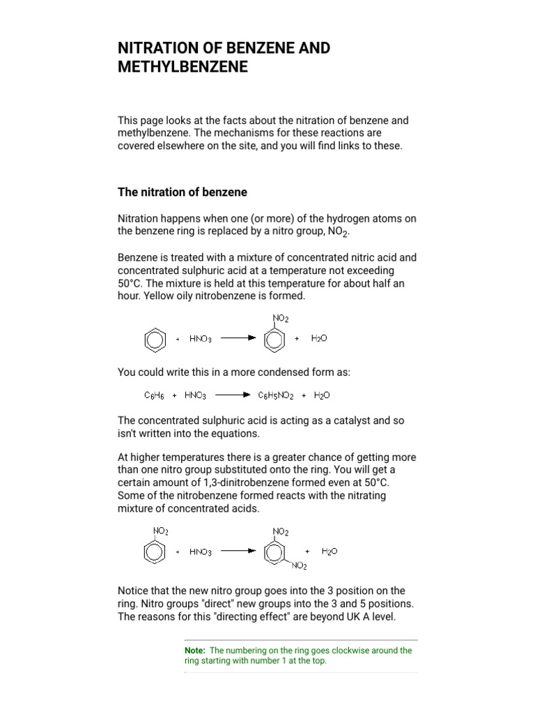 Nitration of Benzene and Methylbenzene | PDF
