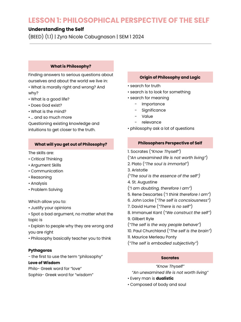 Lesson 1 - Philosophical Perspective of The Self | PDF