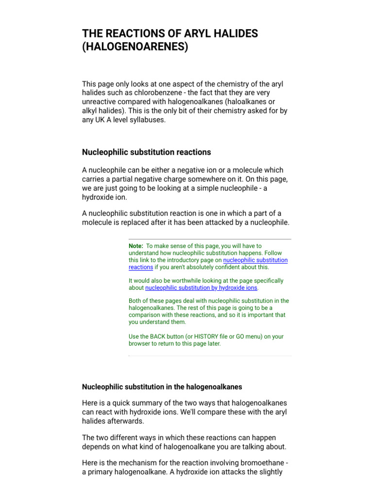 Reactions of Aryl Halides (Halogenoarenes) | PDF