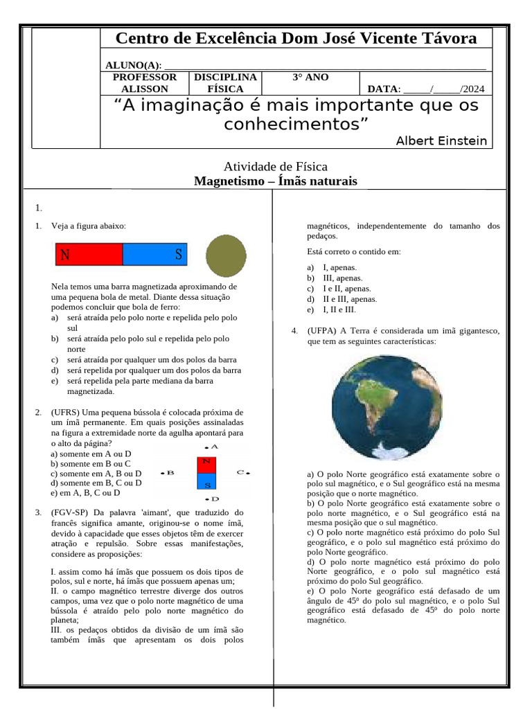 Atividade 3° Ano - Magnetismo - CECA 2019 | PDF