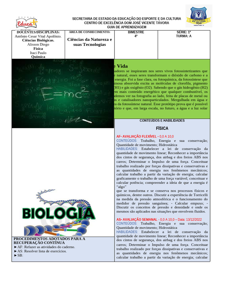 Guia de Aprendizagem - 1°ano - 4°BI FINAL | PDF