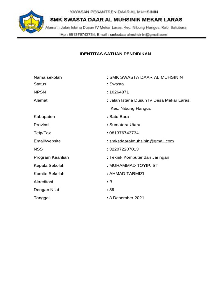 Identitas Satuan Pendidikan | PDF