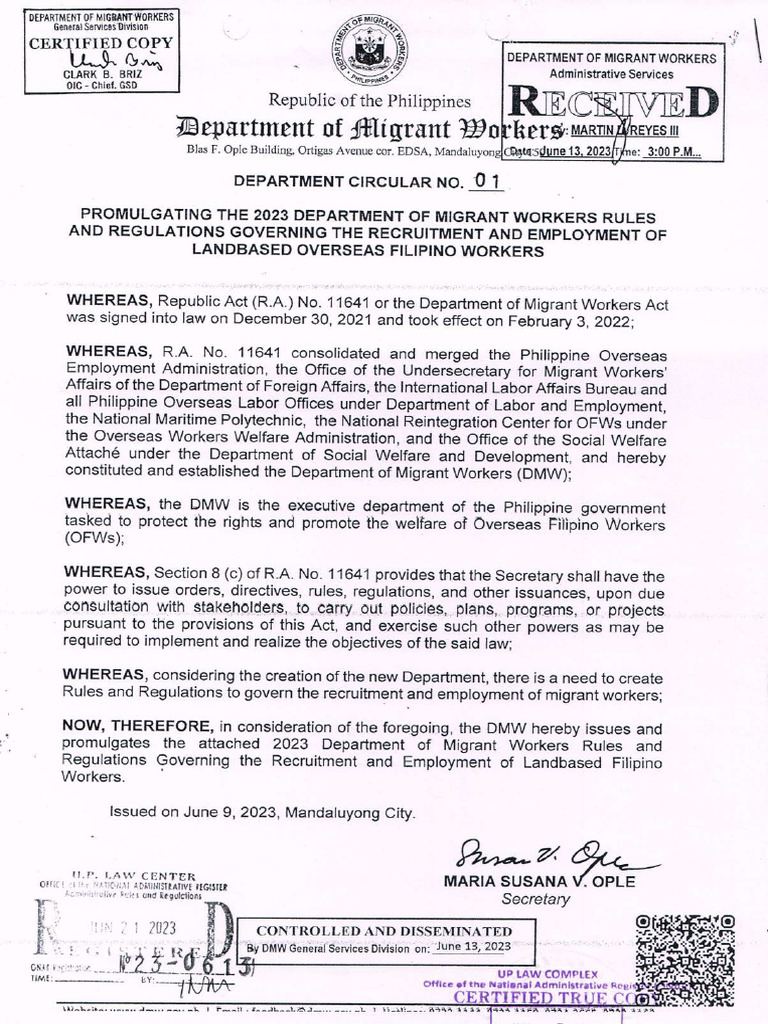 Department Circular No. 01 2023 DMW Rules and Regulations | PDF