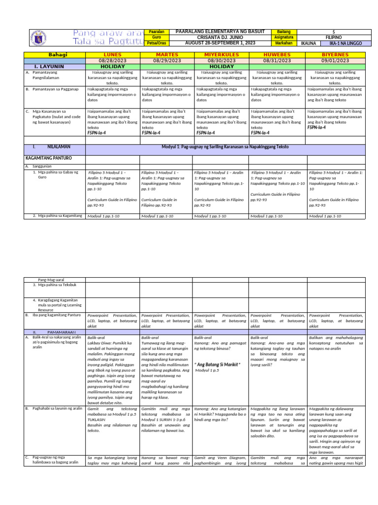DLL Filipino5-Q1 W1 | PDF