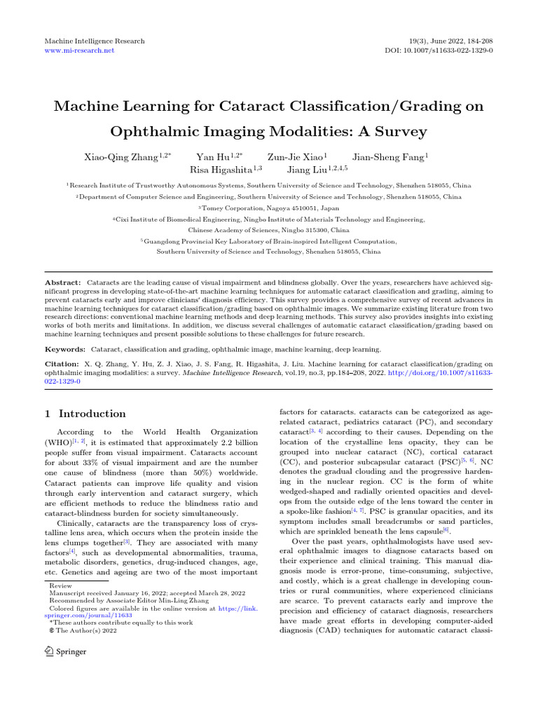 Machine Learning For Cataract Classification A Survey Pdf