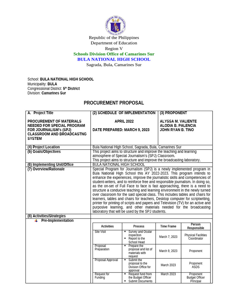 Procurement Proposal For SPJs Classroom and Broadcasting Laboratory | PDF