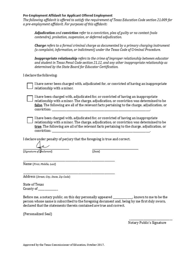 Sample Pre Employment Affidavit Applicant Offered Employment | PDF