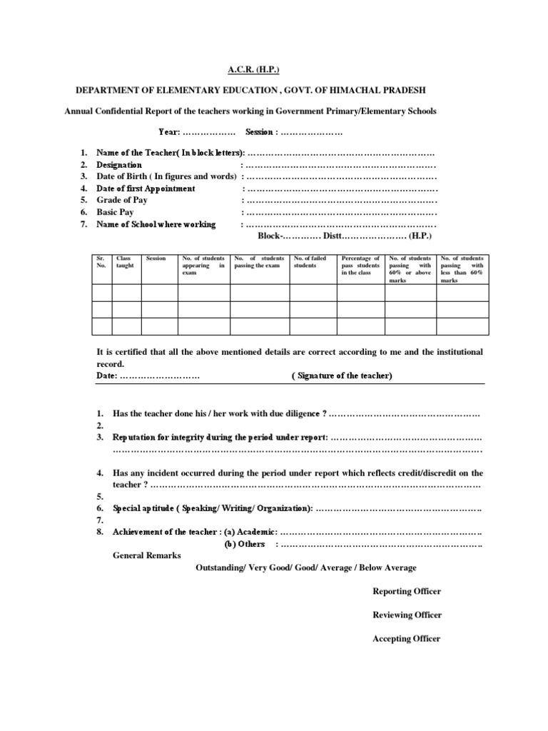 ACR Form For Primary Teachers of HP by Vijay Kumar Heer | PDF | Sports ...
