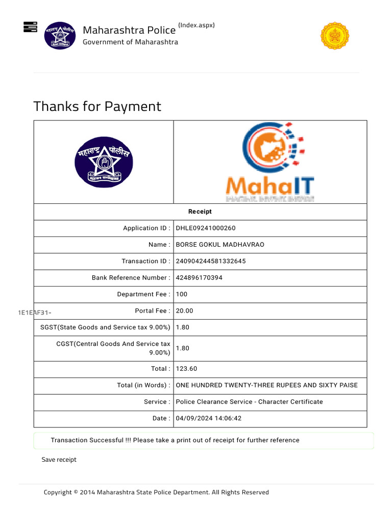 Payment Receipt Dashboard - Police Clearance Certificate | PDF