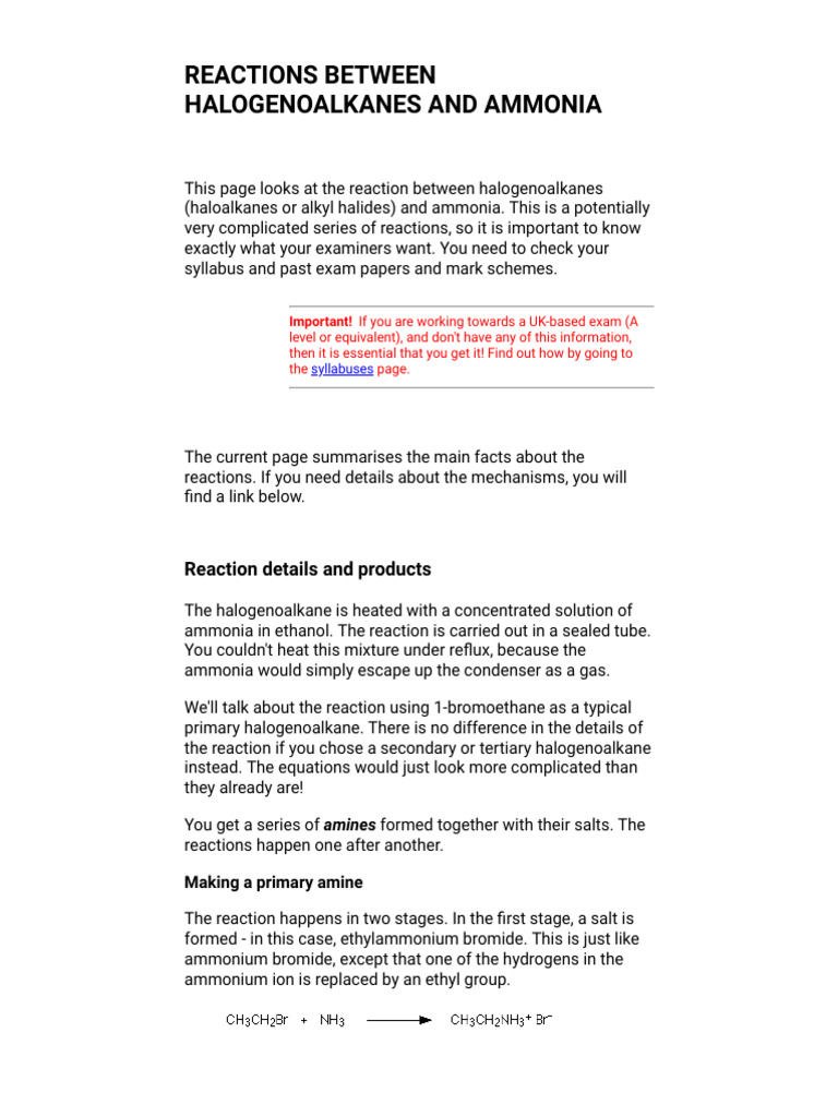 Halogenoalkanes (Haloalkanes) and Ammonia | PDF