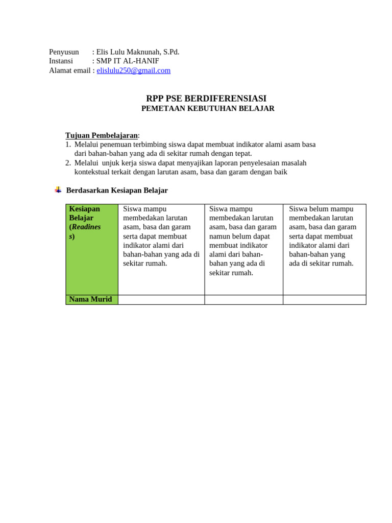 Contoh RPP PSE Berdiferensiasi | PDF