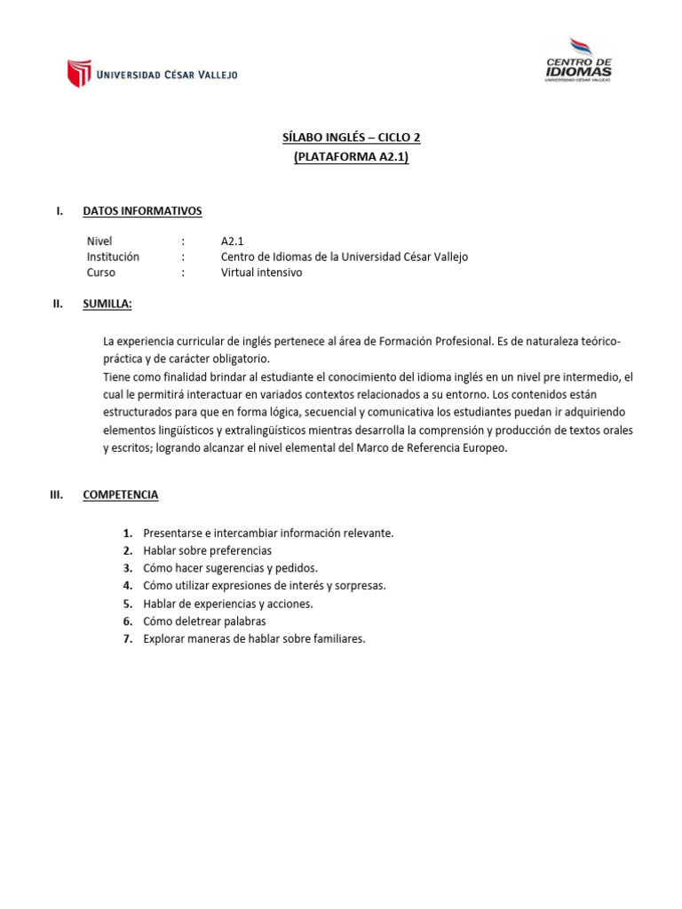 Sílabo Inglés - Ciclo Ii | PDF