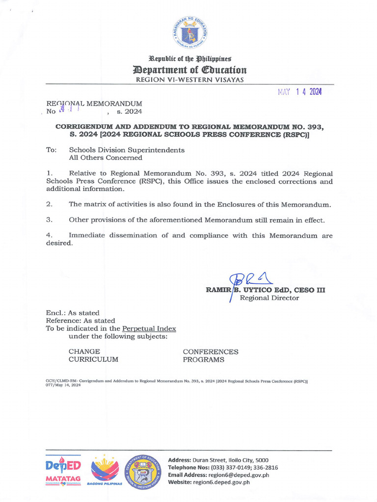 RM No. 411 S. 2024 - CORRIGENDUM AND ADDENDUM TO REGIONAL MEMORANDUM NO ...