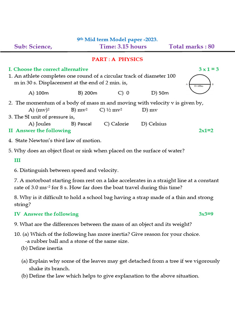 Sub: Science, Time: 3 Hours Total Marks: 80: 9 Mid Term Model Paper ...