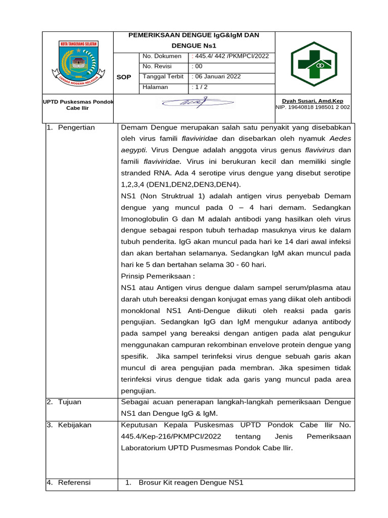 SOP PEMERIKSAAN DENGUE IgG&IgM DAN DENGUE Ns1 | PDF
