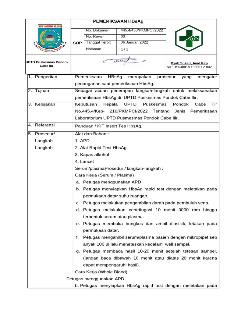 SOP PEMERIKSAAN HBsAg | PDF