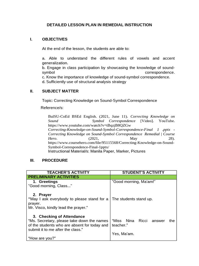 Sound-Symbol Correspondence Lesson Plan | PDF | Syllable | Language ...