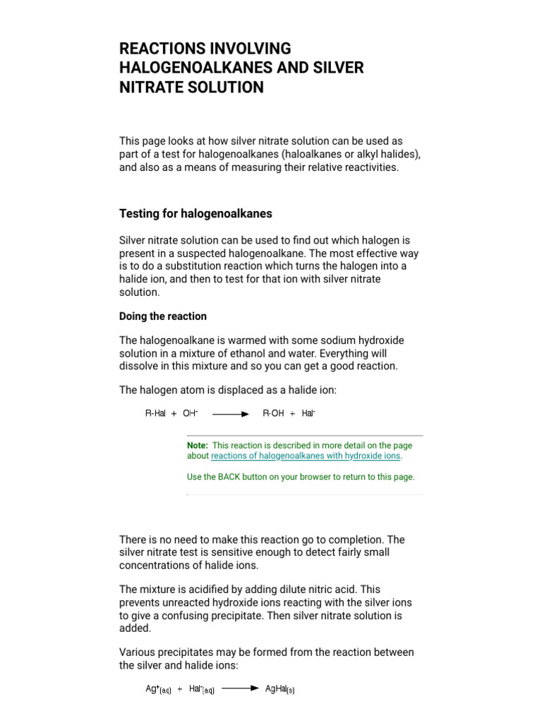 Halogenoalkanes (Haloalkanes) and Silver Nitrate | PDF