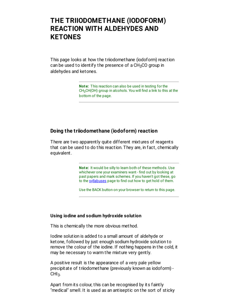 Triiodomethane (Iodoform) Reaction With Aldehydes and Ketones | PDF