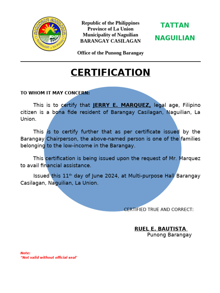 Certification of Low Income | PDF