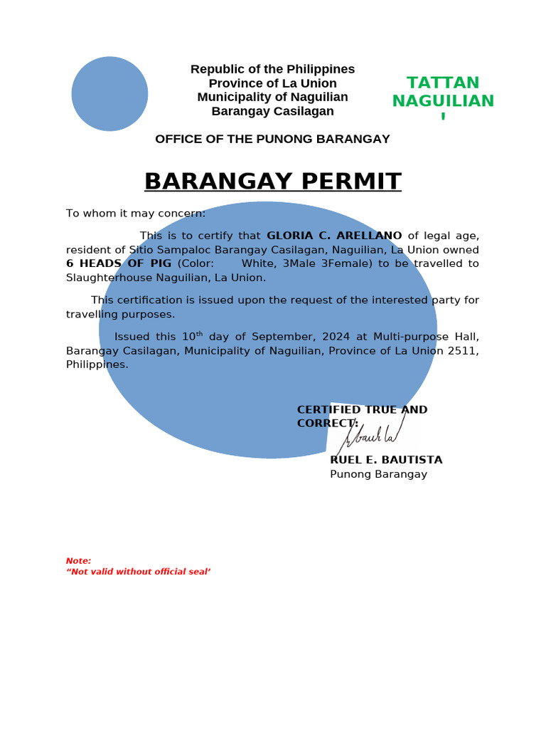 03 Barangay Permit To Travel (Kareen) | PDF