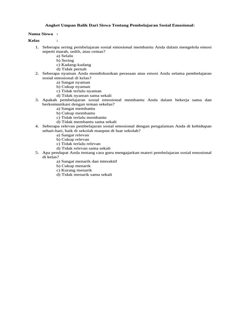 Angket Umpan Balik Dari Siswa Tentang Pembelajaran Sosial Emosional Ibu ...