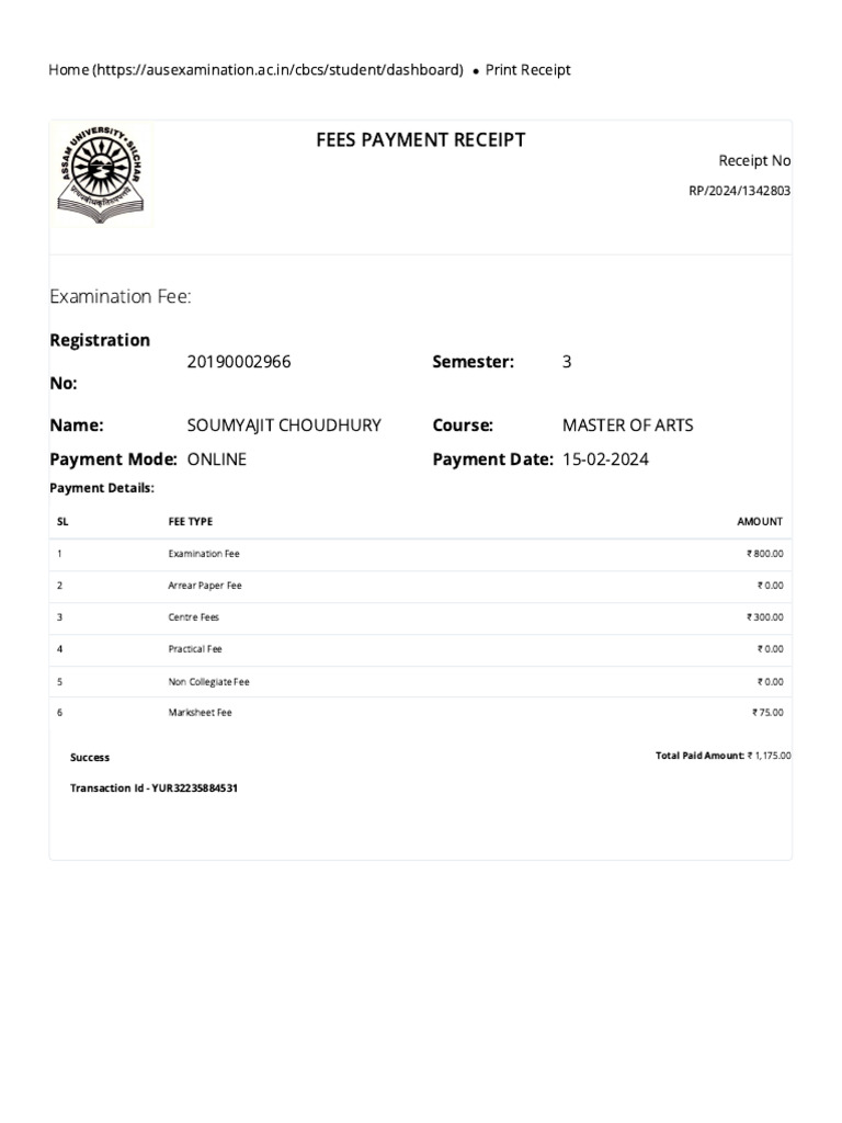 Print Receipt - Assam University | PDF