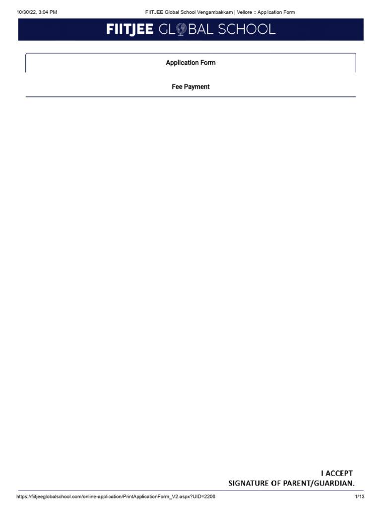 FIITJEE Global School Vengambakkam - Vellore - Application Form | PDF