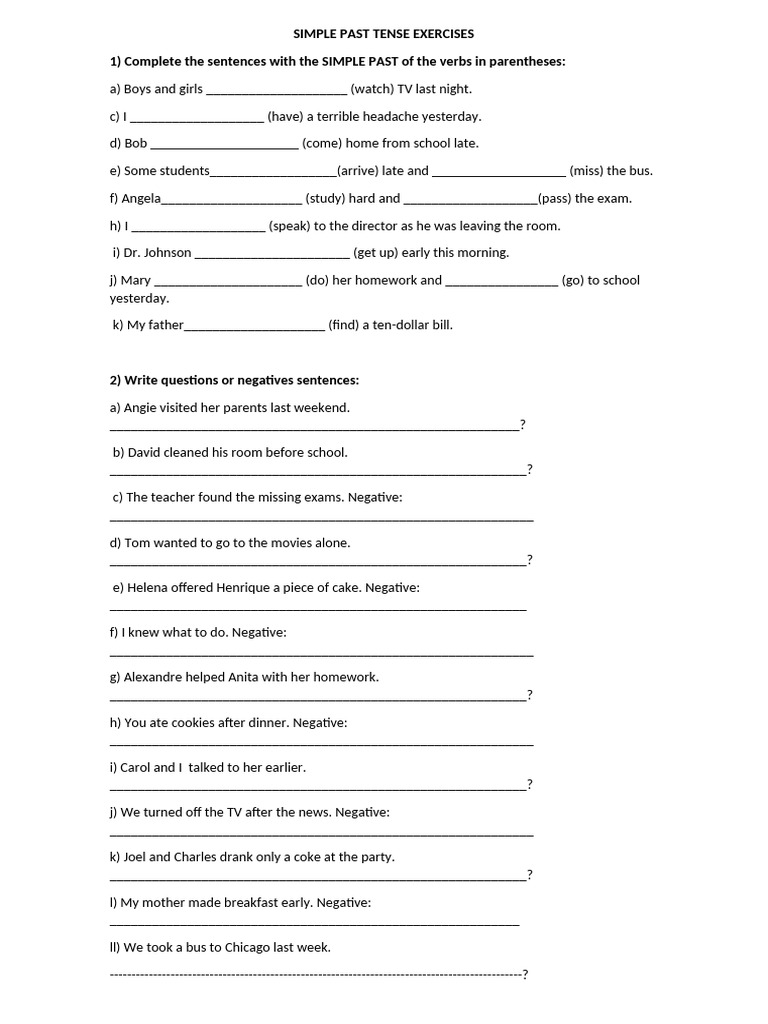 Simple Past Tense Exercises | PDF